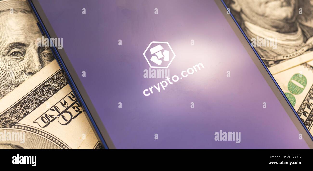 Kharkov, Ukraine - April 9, 2021: Crypto.com logo close-up on ...