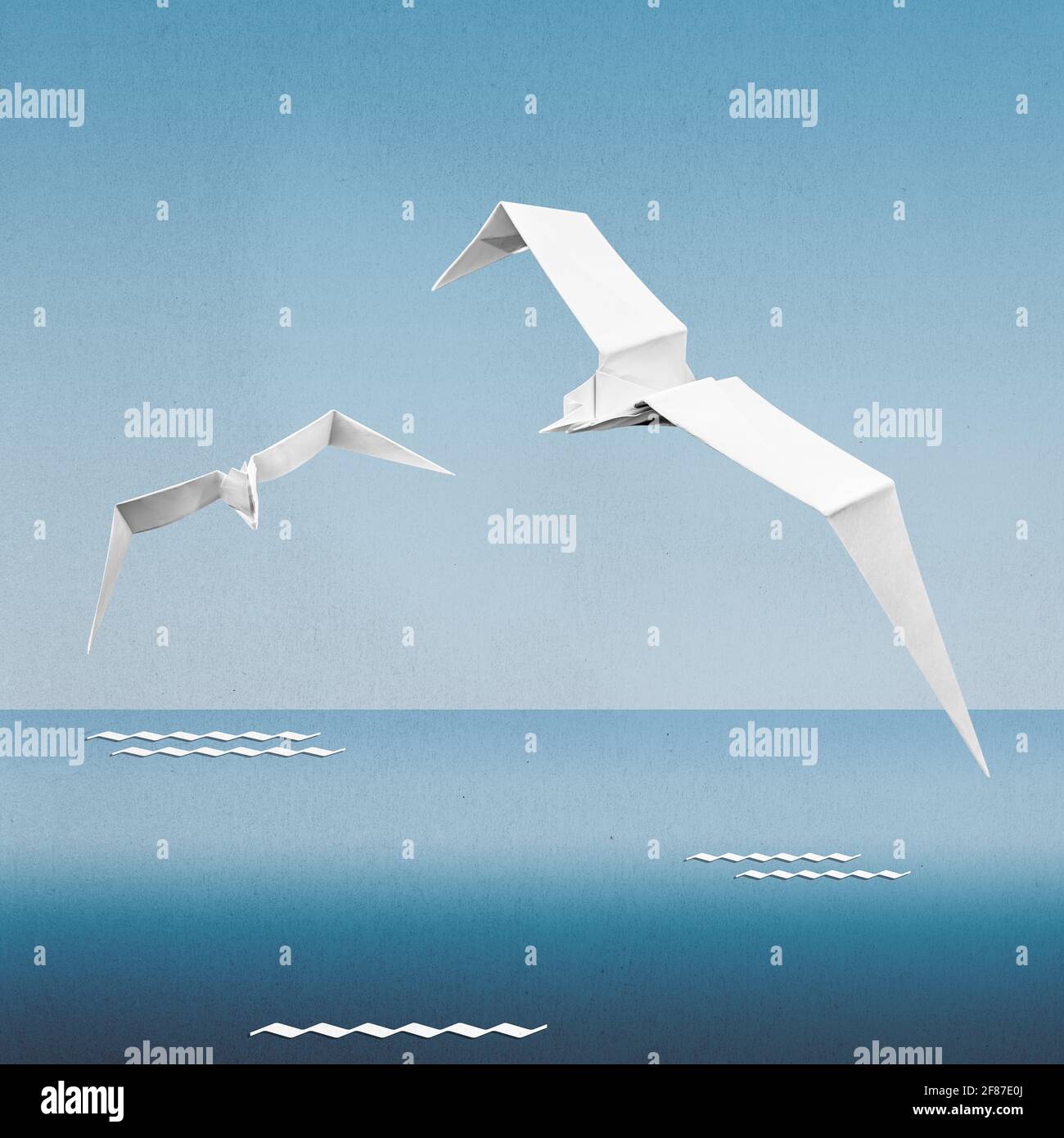 Abstract illustration of white seagulls in blue ocean and sky ...