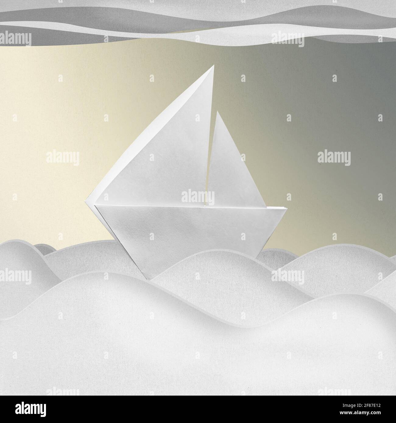 Abstract illustration of white ship with sails in storm ocean ...