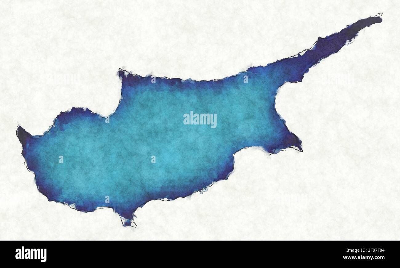 Cyprus map with drawn lines and blue watercolor illustration Stock ...