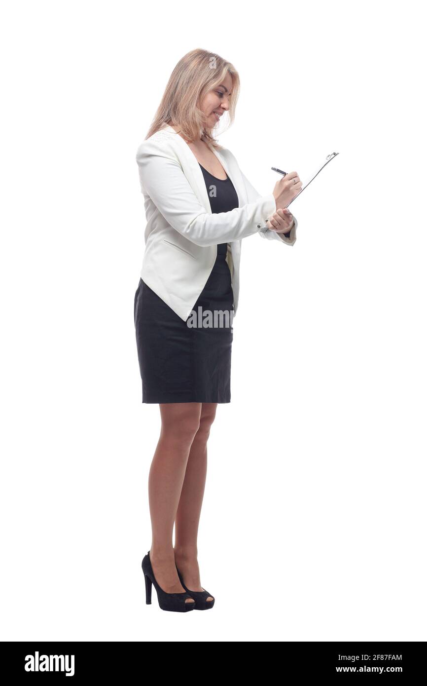 smiling business woman taking notes in the clipboard Stock Photo - Alamy