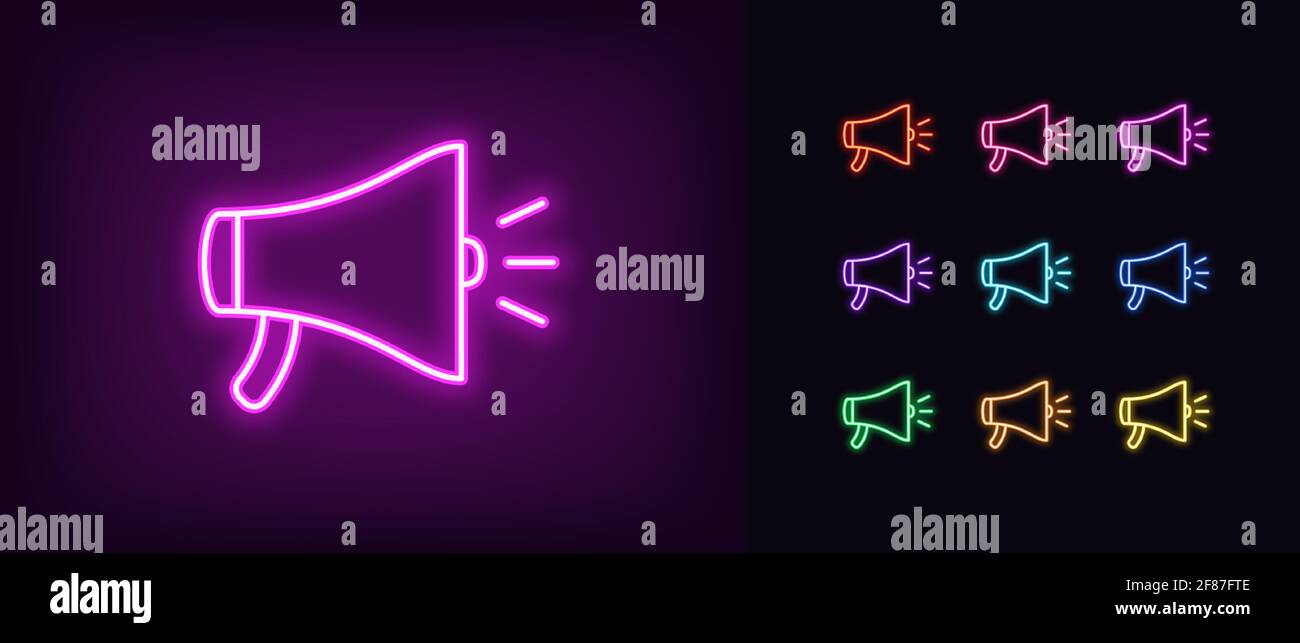 Neon loudspeaker icon. Glowing neon speaker sign, outline megaphone ...