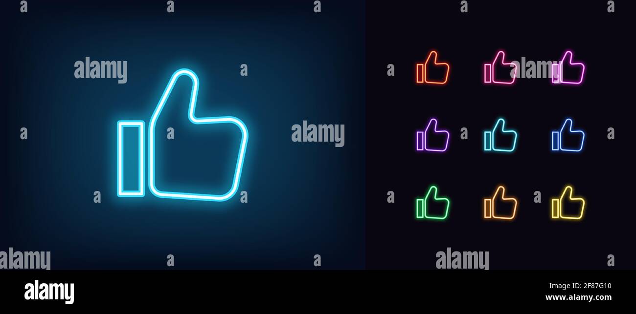 Neon thumb up icon. Glowing neon like sign, outline approving hand ...