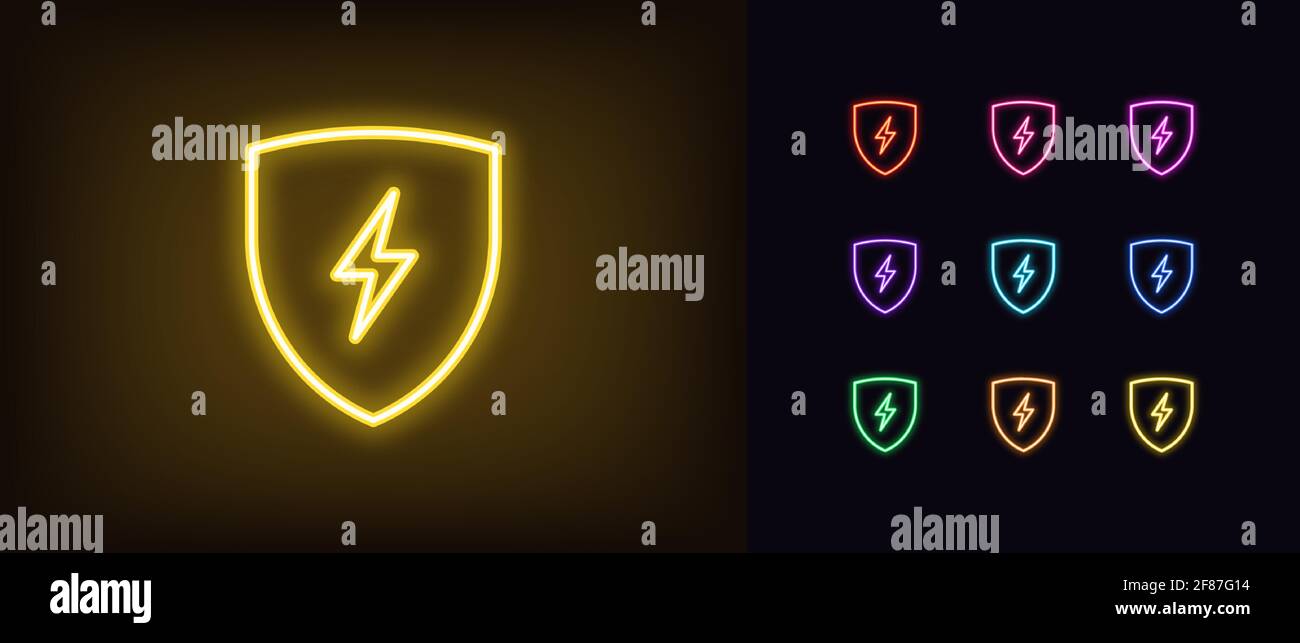 Neon electric shield icon. Glowing neon shield with lightning sign ...
