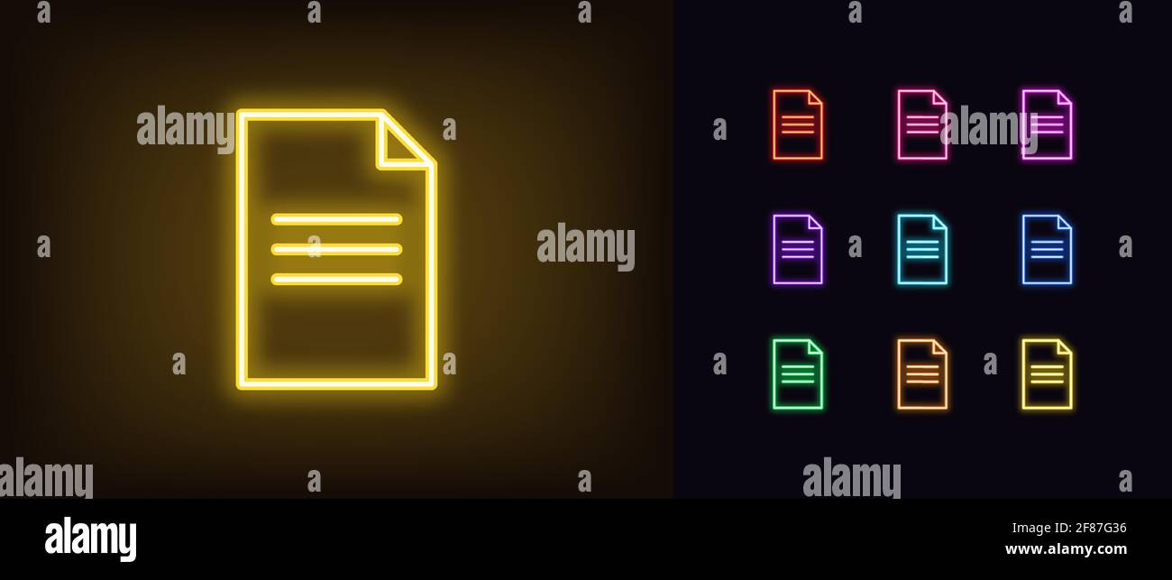 Neon document icon. Glowing neon contract sign, outline doc page ...