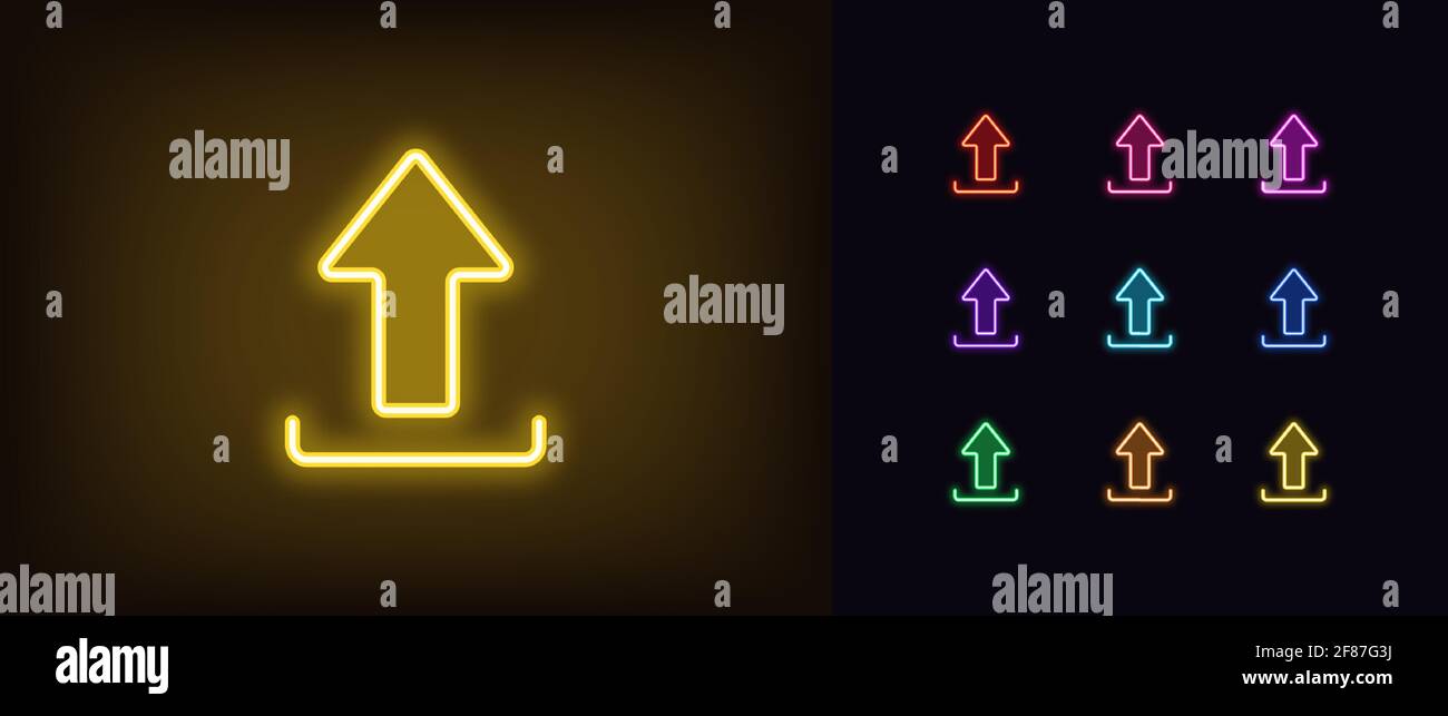 Neon upload icon. Glowing neon upload sign, outline arrow pictogram in ...