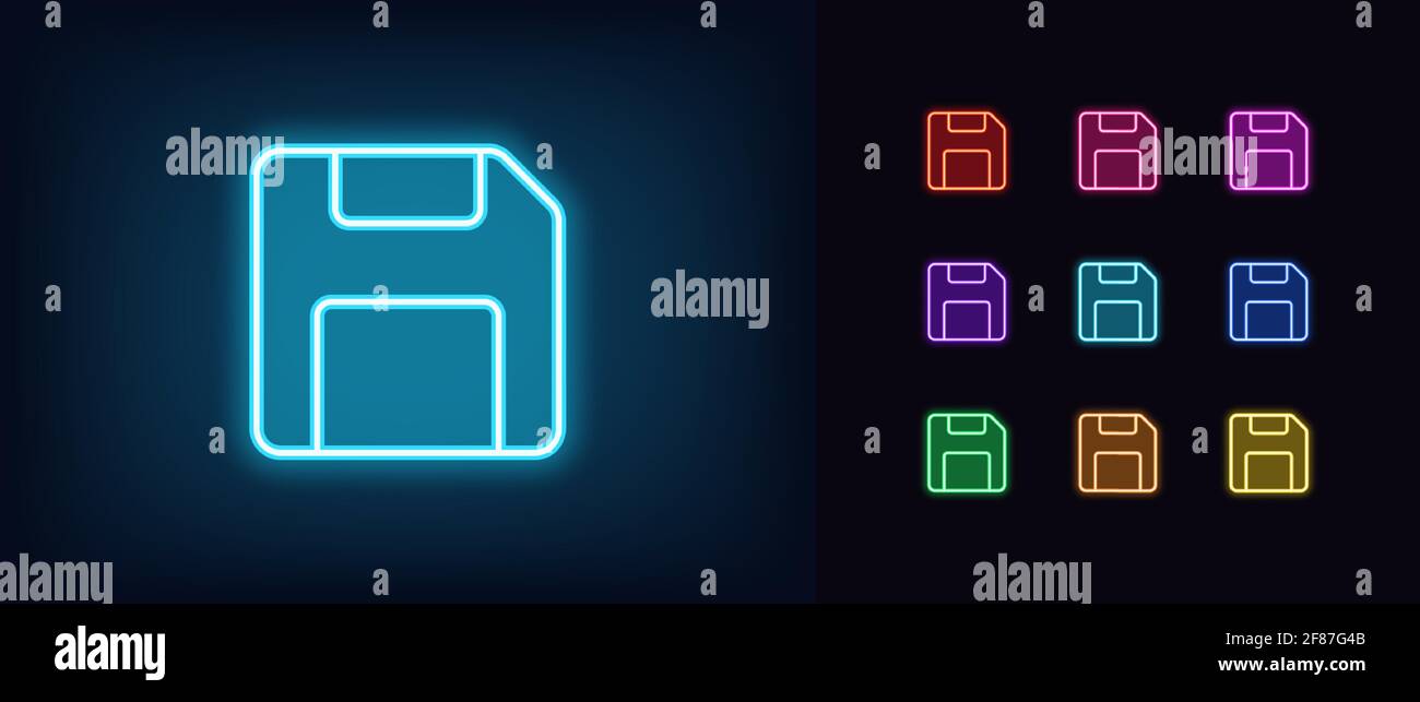 Neon floppy disk icon. Glowing neon diskette sign, outline memory pictogram in vivid colors ...