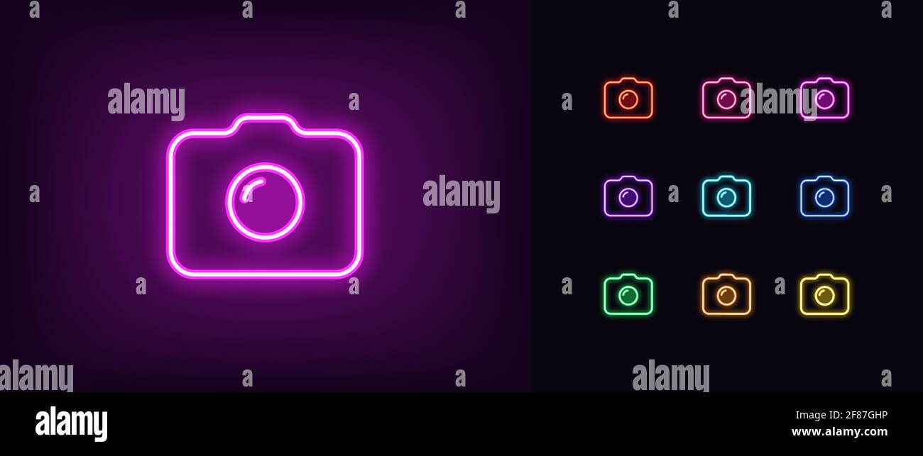 Neon photo camera icon. Glowing neon camera sign, outline photo ...