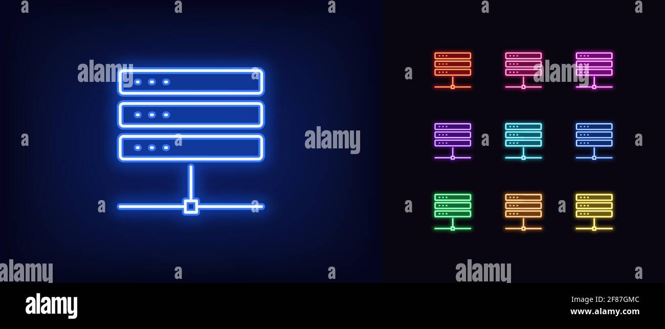 Neon server icon. Glowing neon database sign, outline datacenter ...
