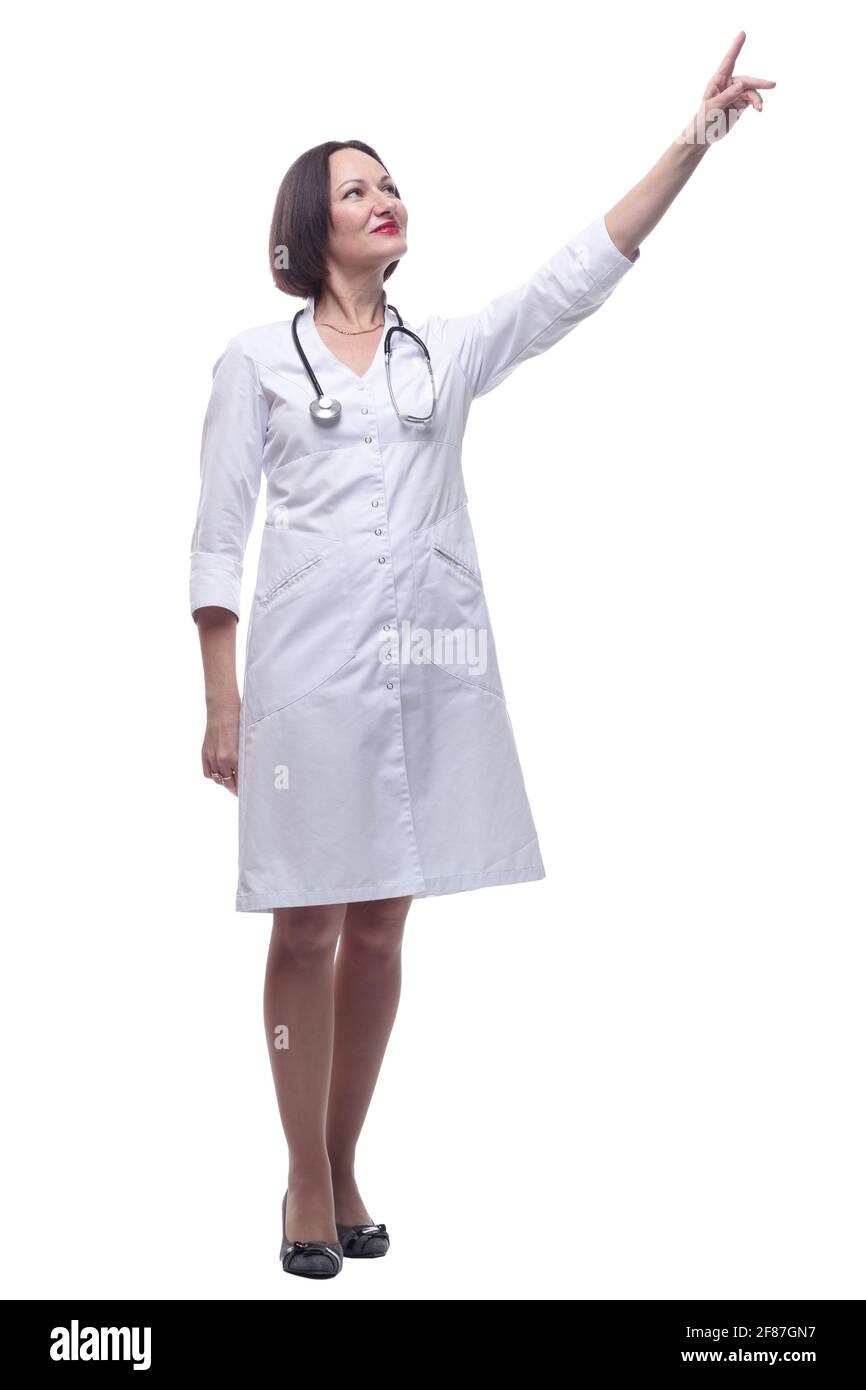 female doctor pointing at a white screen . isolated on a white ...