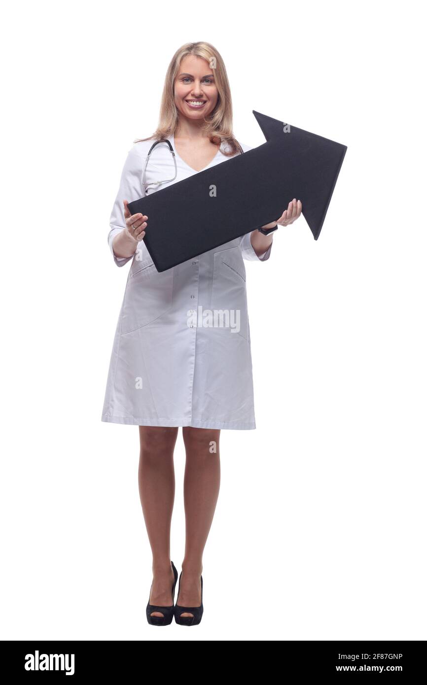 smiling doctor pointing in the right direction . isolated on a white ...