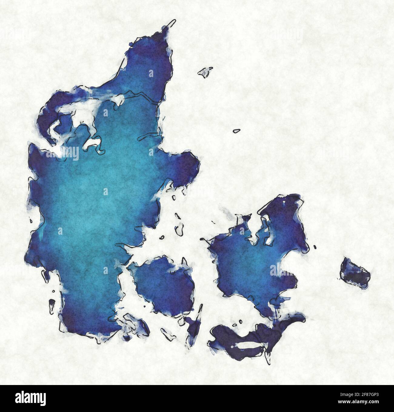 Denmark map with drawn lines and blue watercolor illustration Stock ...