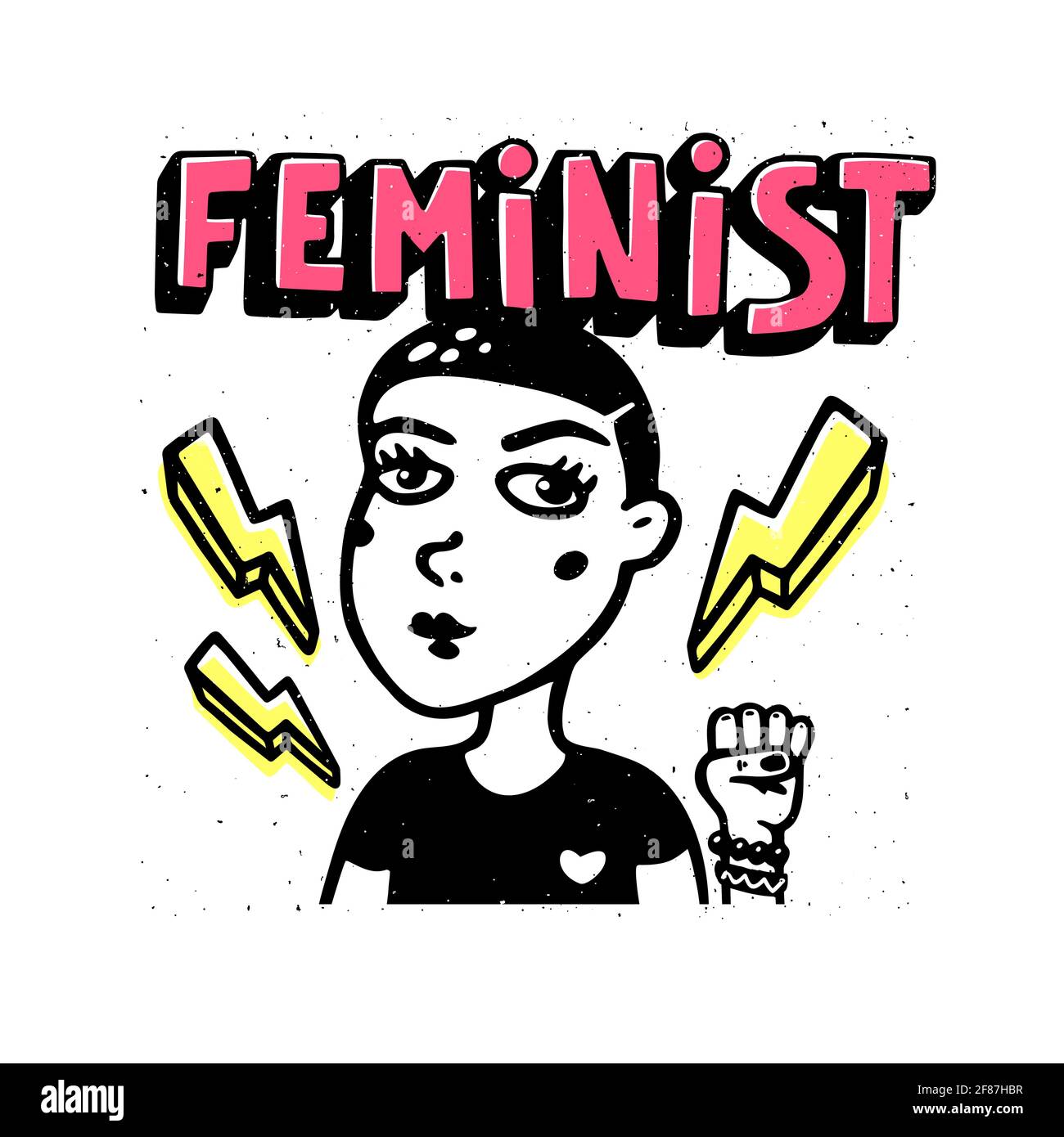 Feminist print. Girl portrait and feminist text on white background ...