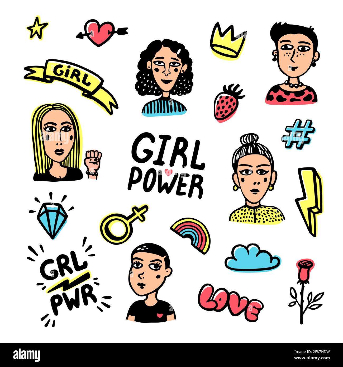 Feminist Icons Set Feminist Cute Hand Drawing Illustration For Print