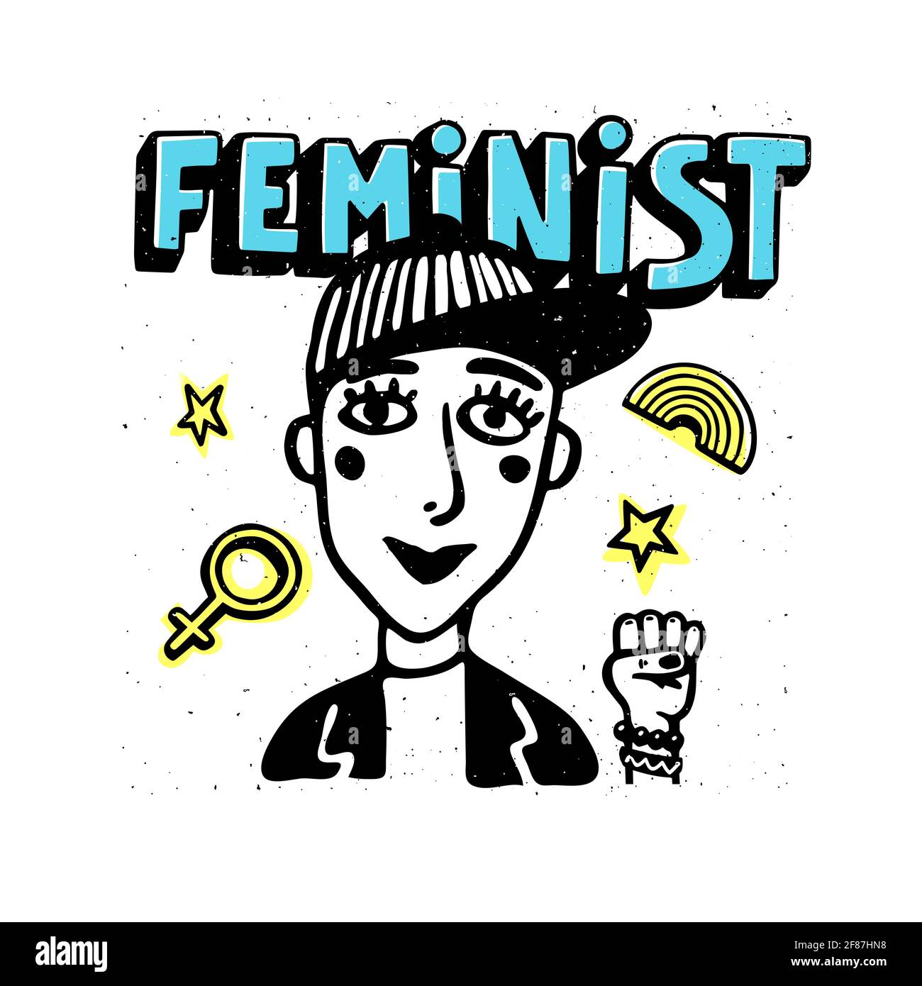 Feminist print. Girl portrait and feminist text on white background ...