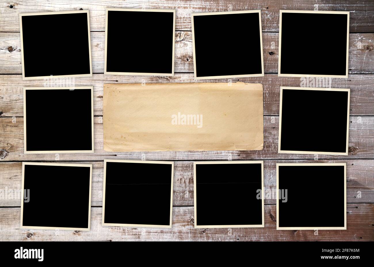 Ten retro photos on old wooden boards. Vintage blank photo frames and ...