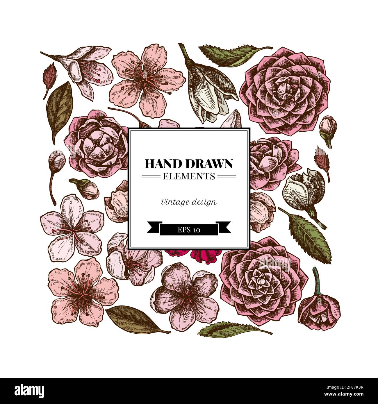 Square floral design with colored hibiscus, plum flowers, peach flowers ...