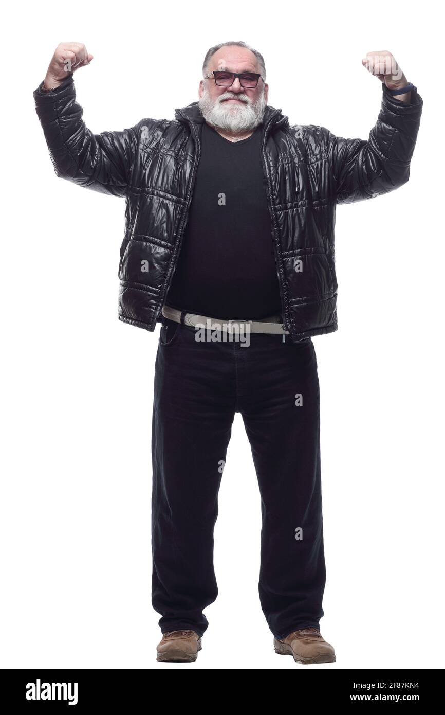 happy bearded man standing with his hands up Stock Photo - Alamy
