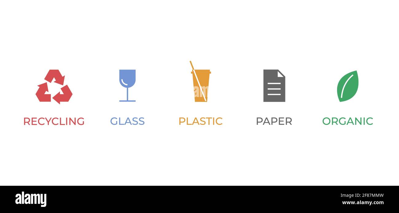 Trash sorting icons. Paper, glass, plastic and organic garbage ...