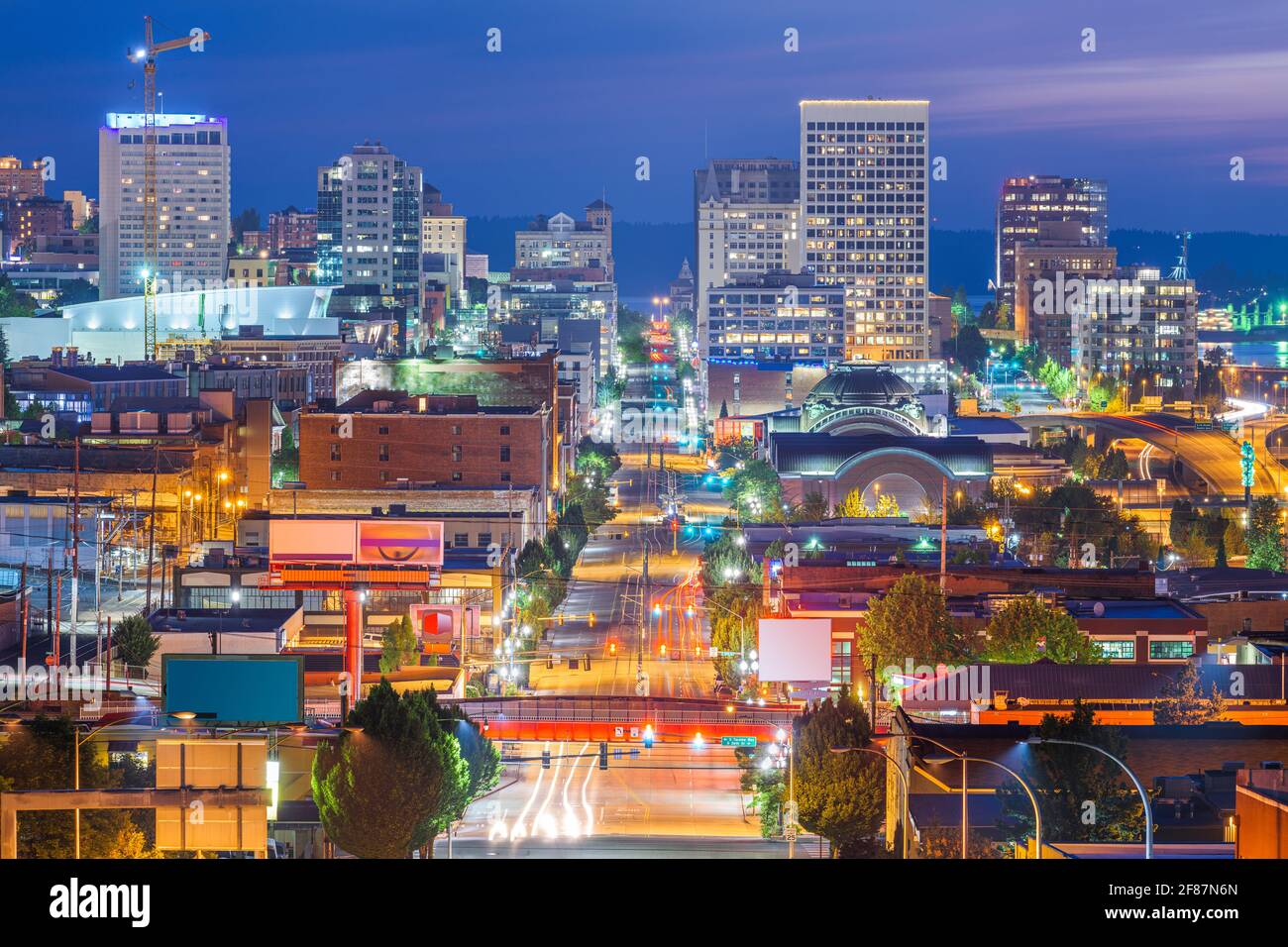 Tacoma, Washington, USA cityscape over Pacific Ave at twilight Stock ...