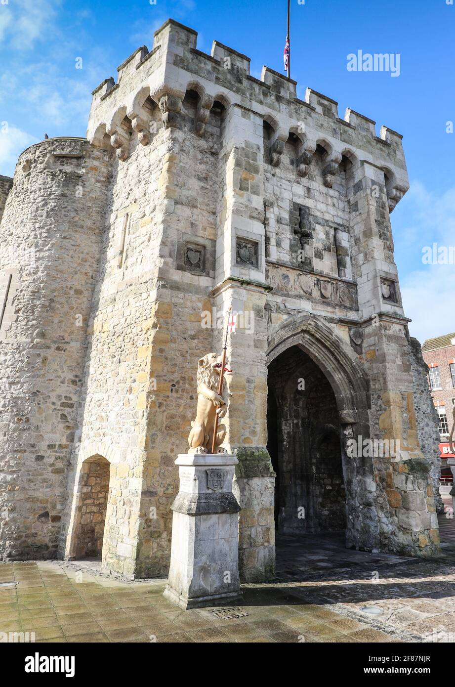 The Bargate in Southampton, Hampshire, UK. The lions have been restored ...