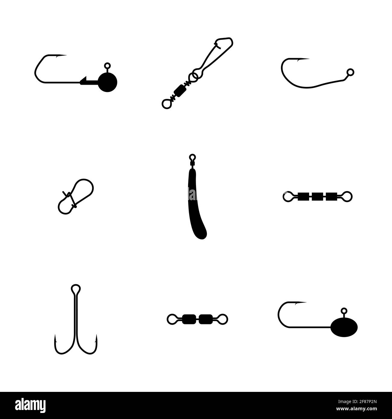 Set of spinning fishing accessories and tackles. Black silhouettes on a ...