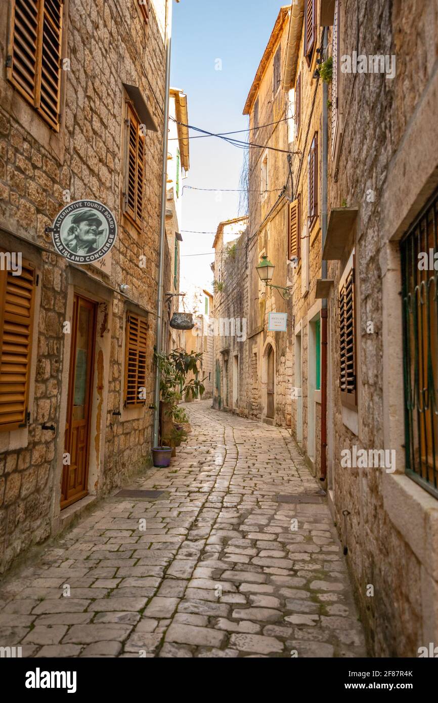 Stari Grad, Croatia - 28.03.2021: Old street without tourists in Stari ...