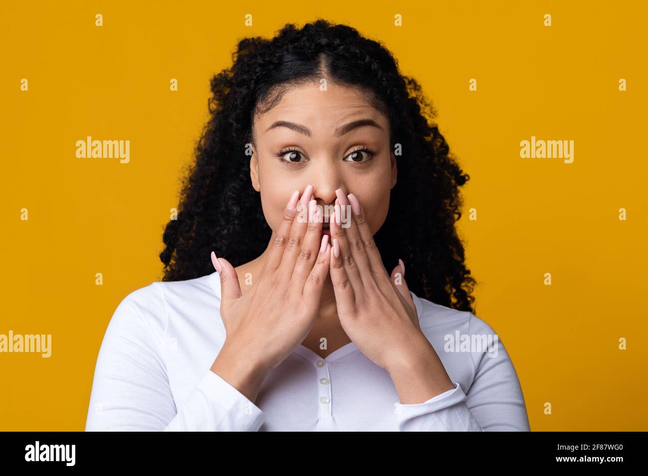 No Way. Portrait Of Impressed Happy Black Woman Covering Mouth With ...