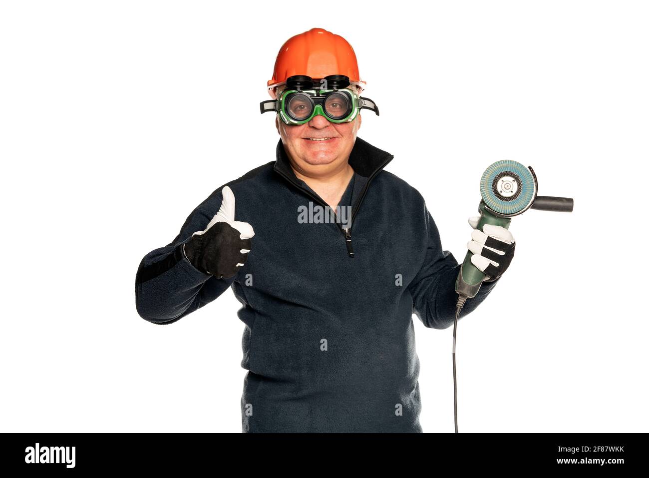 man with angle grinder and protective equipment on white background ...
