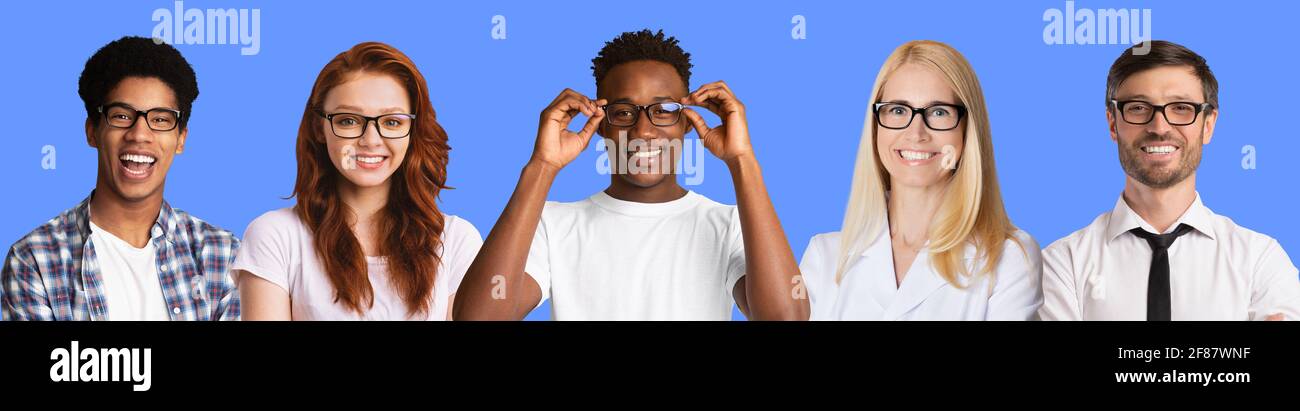 Happy smiling people expressing positive emotions wearing specs Stock ...