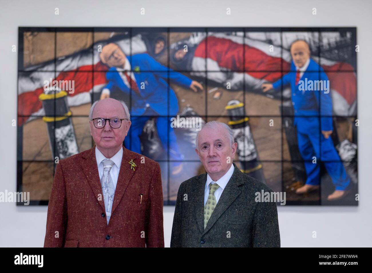 London, UK. 12 April 2021. Gilbert & George in front of "Bag Men", 2020 ...