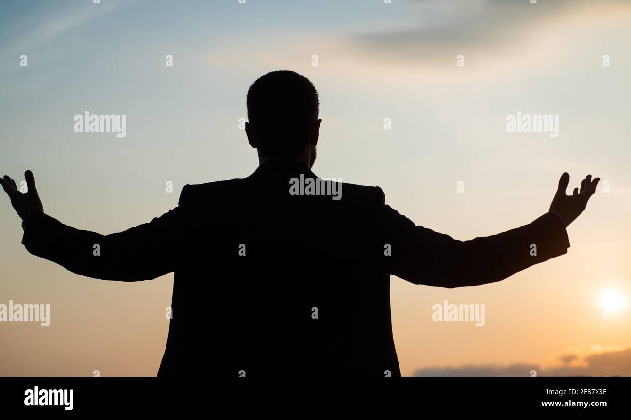 personal achievement goal. man silhouette on sky background. confident ...