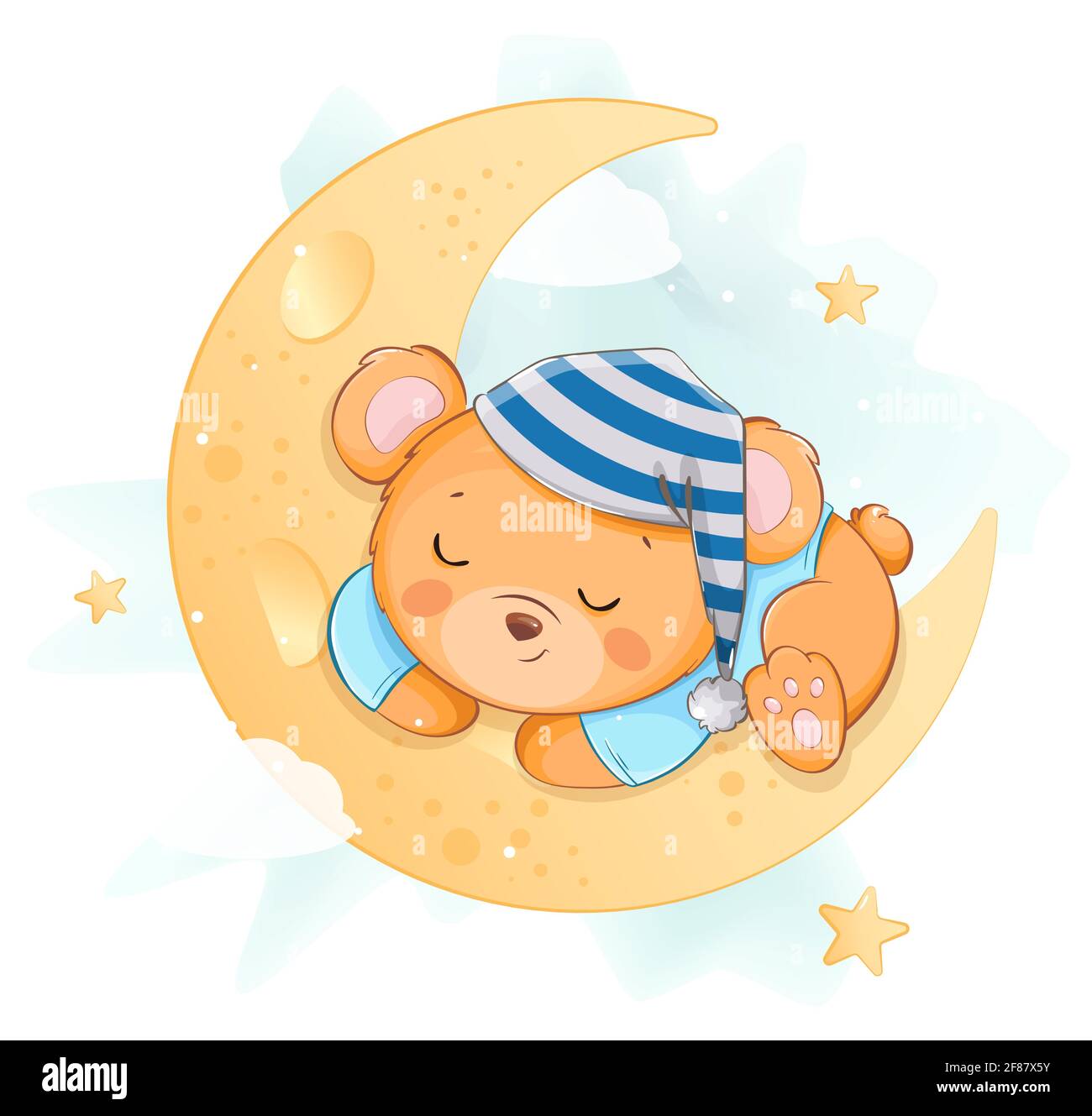 Cute little bear sleeping on the moon. Funny bear cartoon character ...