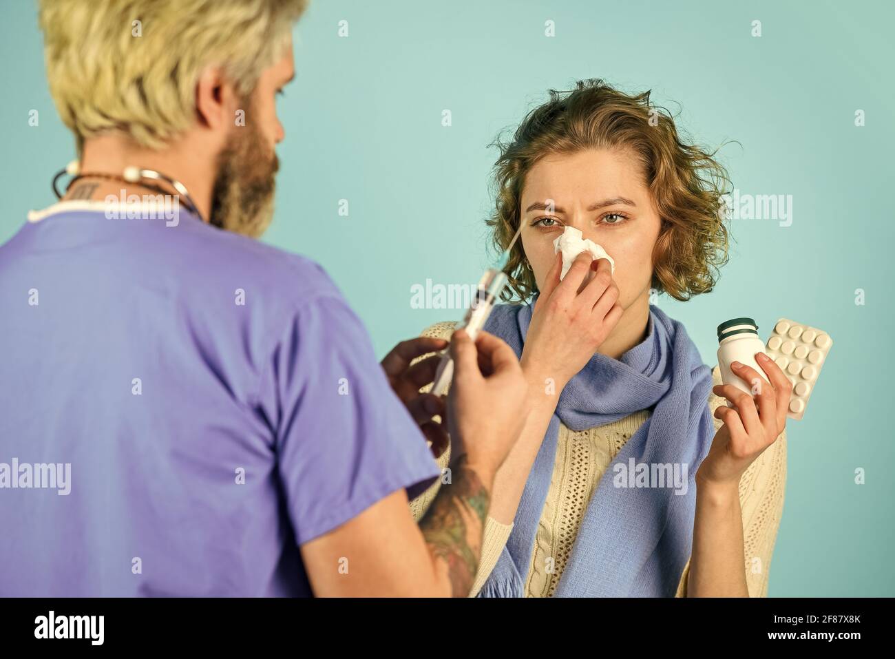 Flu concept. Doctor use syringe needle vaccination. Dose injection for ...