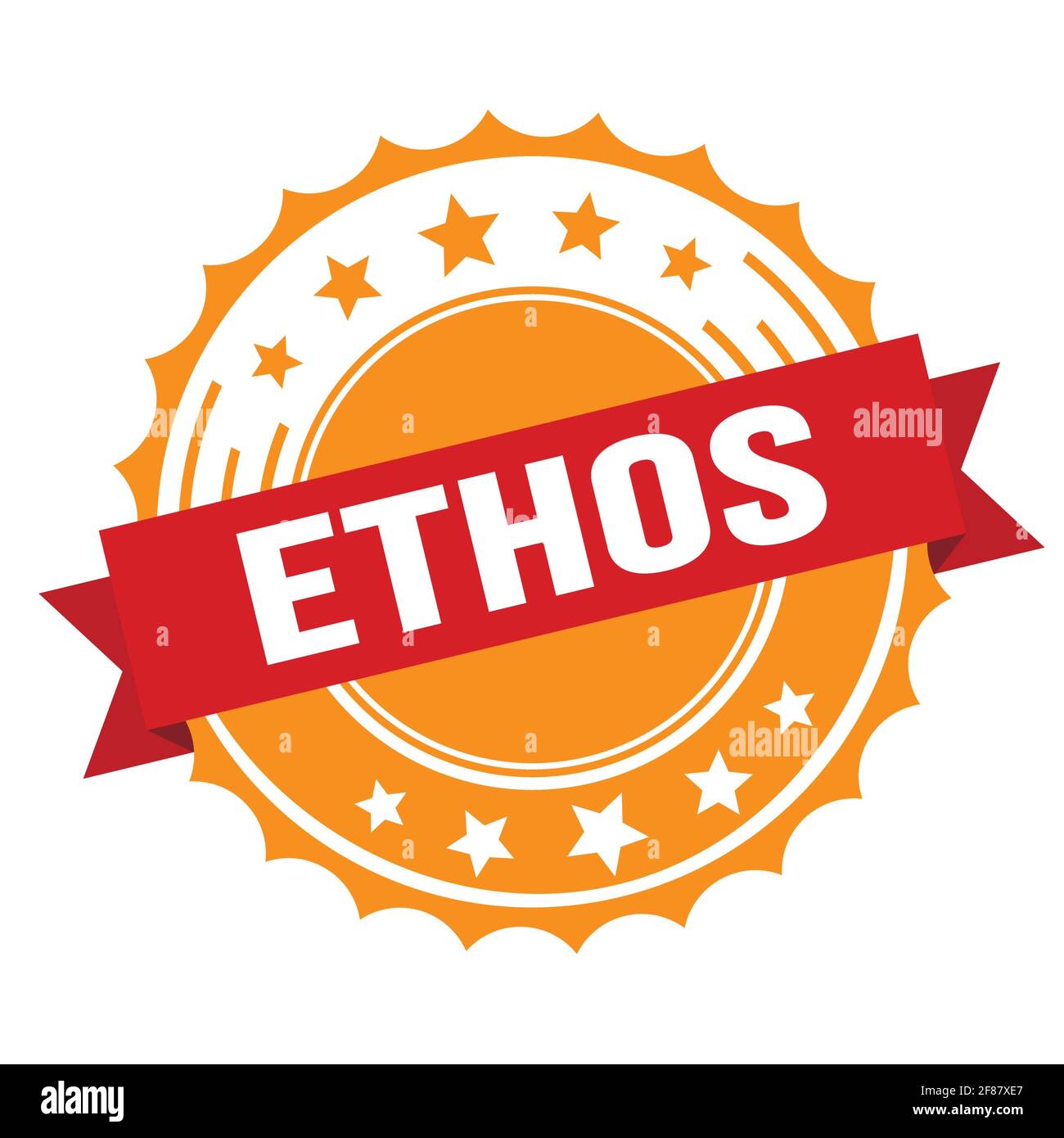 ETHOS text on red orange ribbon badge stamp Stock Photo - Alamy