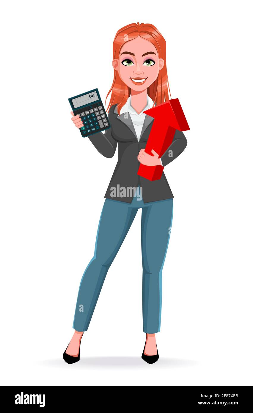 Beautiful business woman makes calculations. Cheerful businesswoman ...