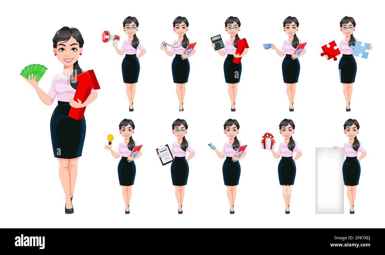Beautiful successful business woman cartoon character, set of eleven ...