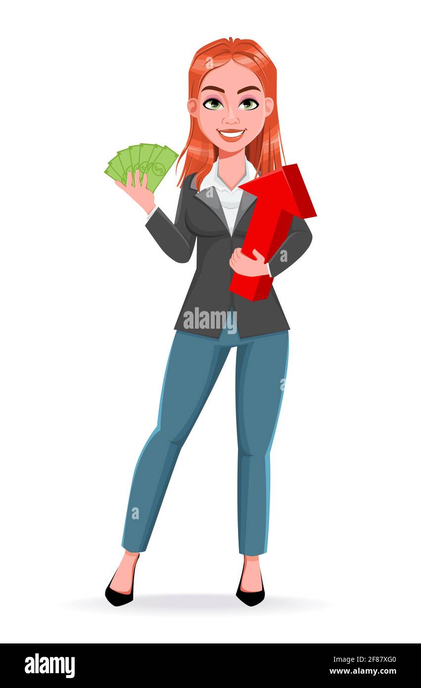 Beautiful business woman holding money and arrow. Cheerful ...