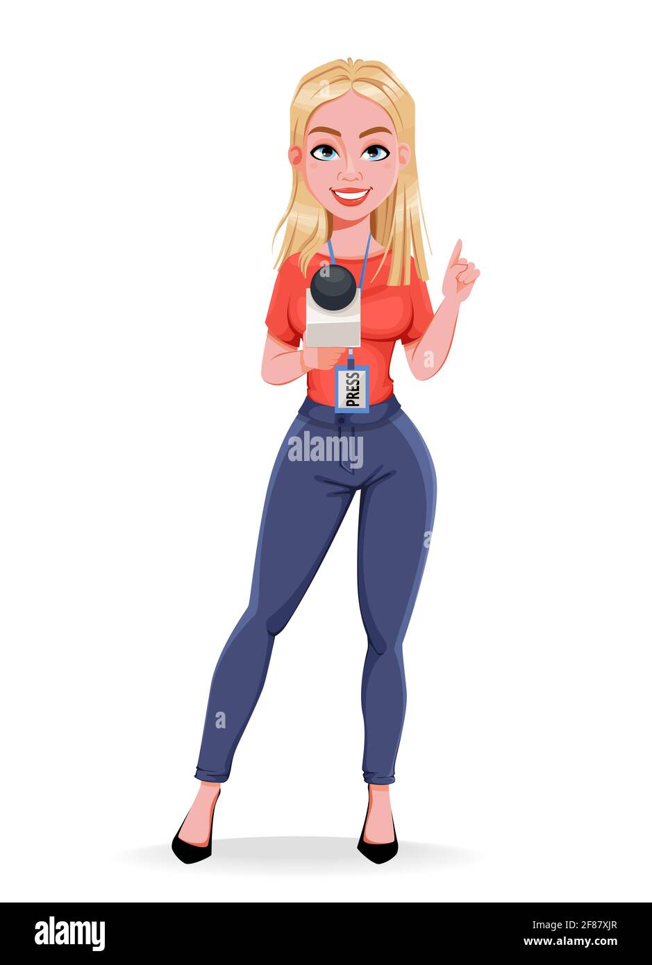 Young smiling woman journalist, female reporter stands with microphone ...