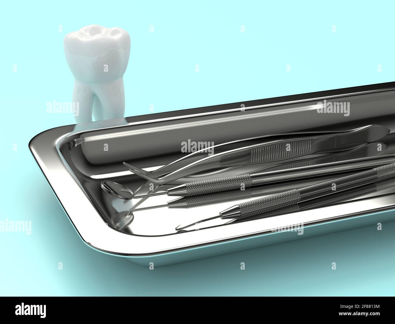3d render of tooth and dental diagnostic instruments in tray over light ...