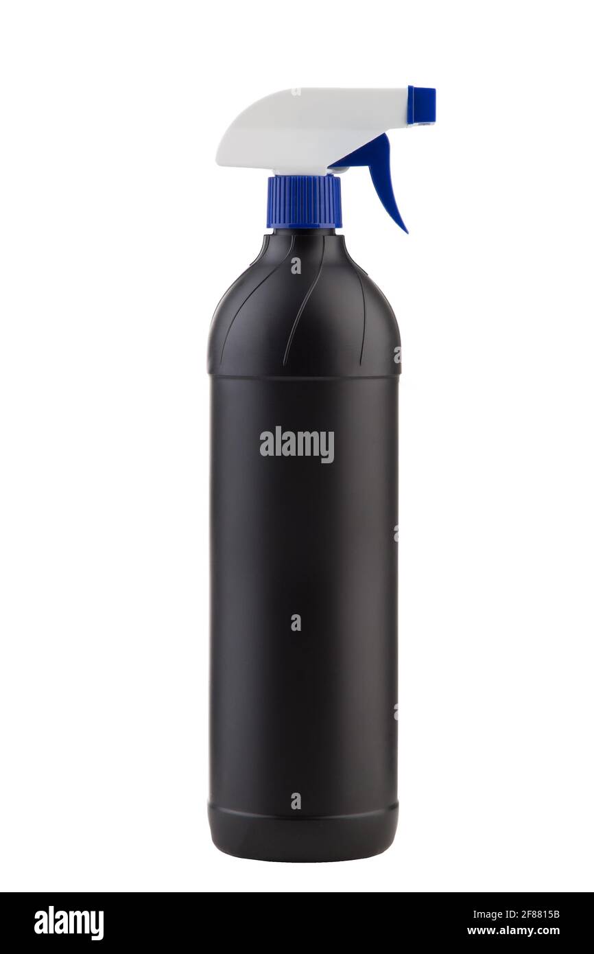 Black plastic spray detergent bottle isolated on white background. With ...