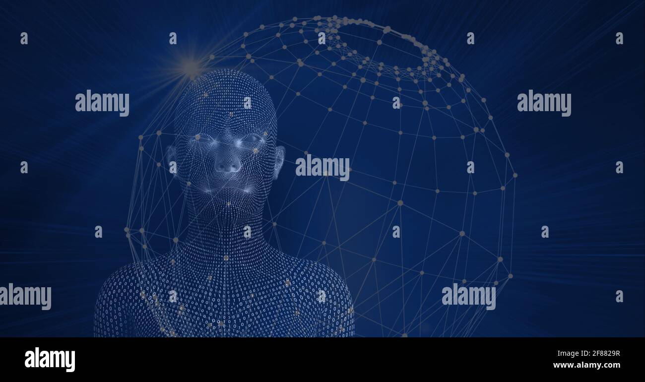 Composition of human digital head over globe formed with network of ...