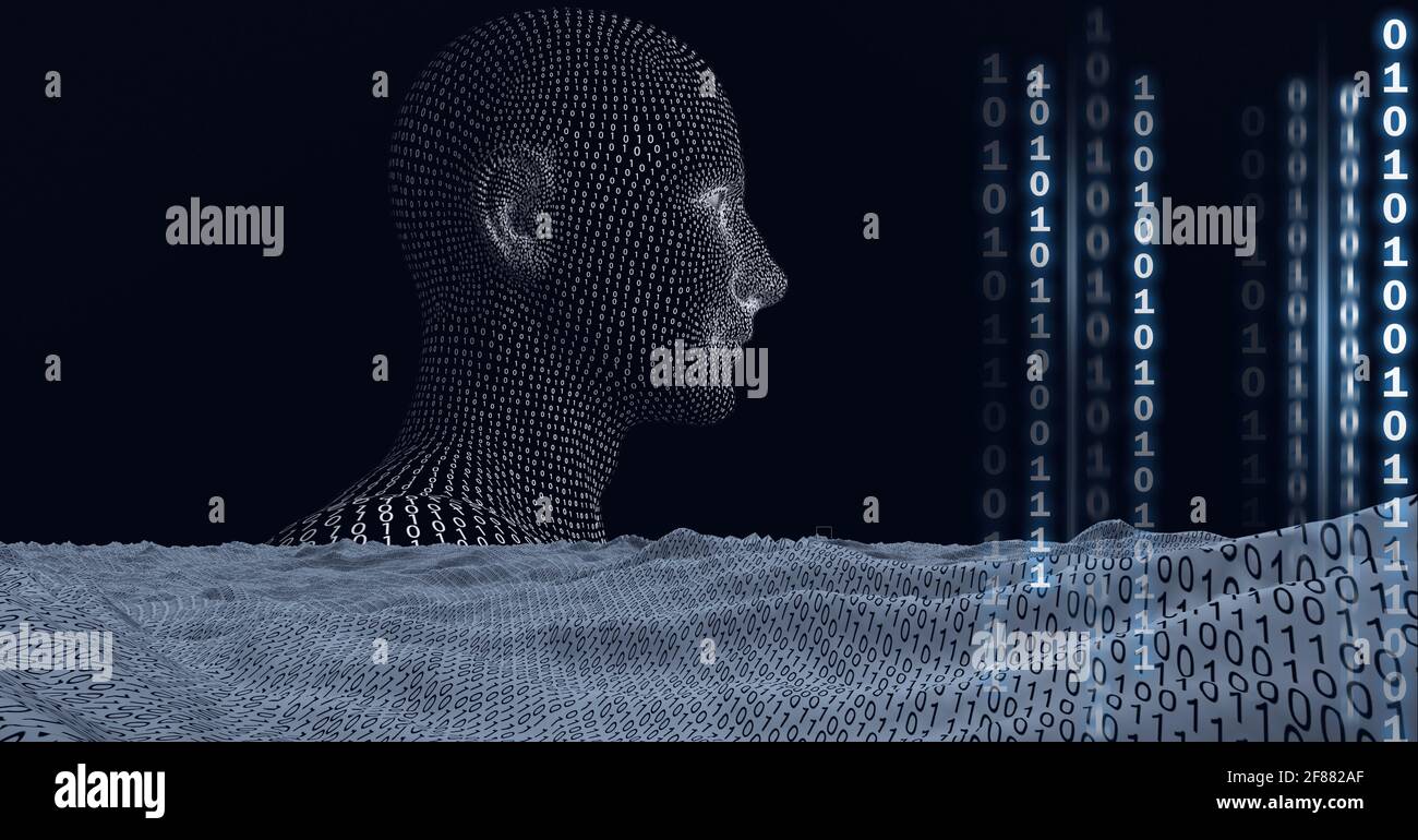 Composition of human digital head and binary coding processing Stock Photo - Alamy