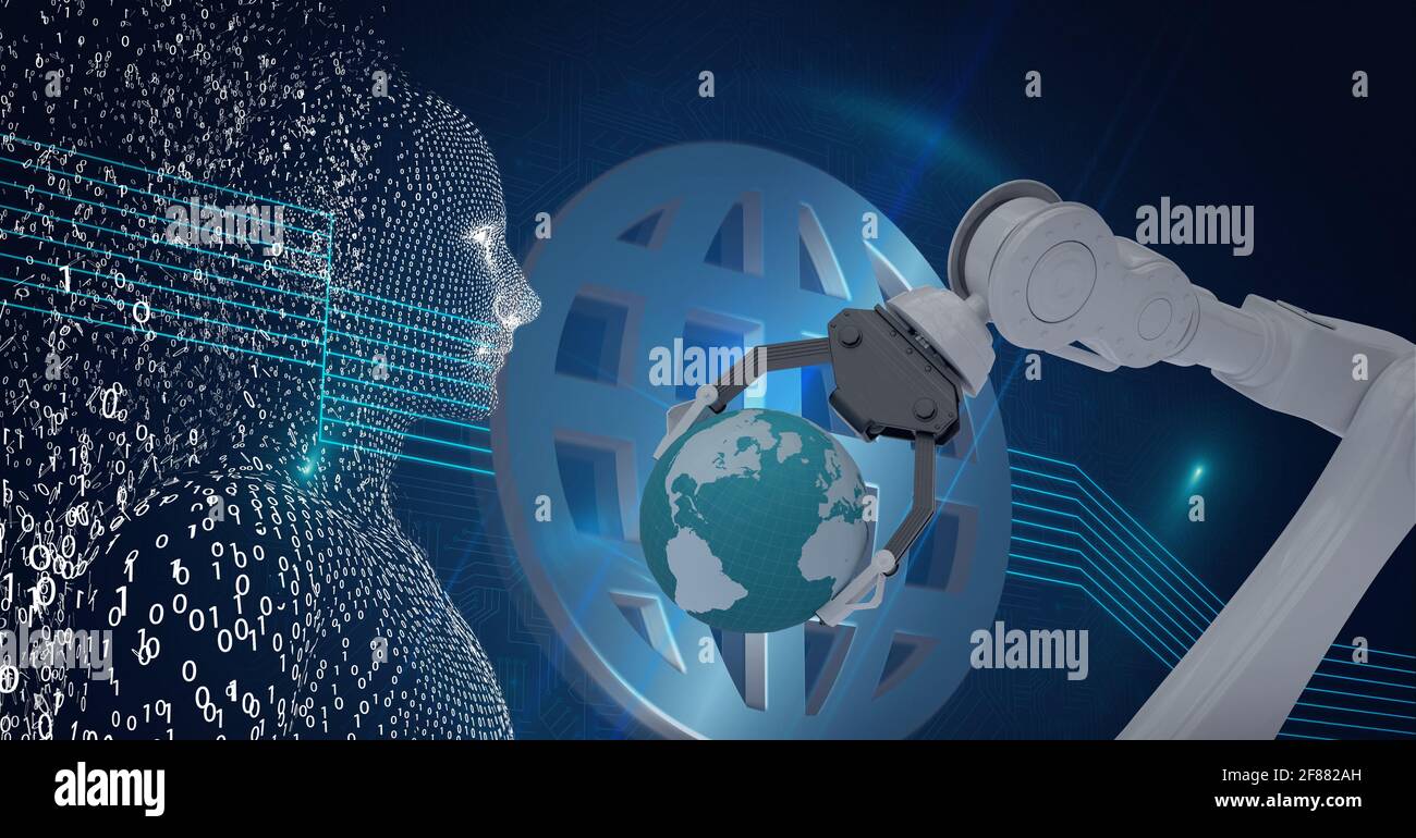 Composition of robot's arm holding globe and human model of binary coding processing Stock Photo ...
