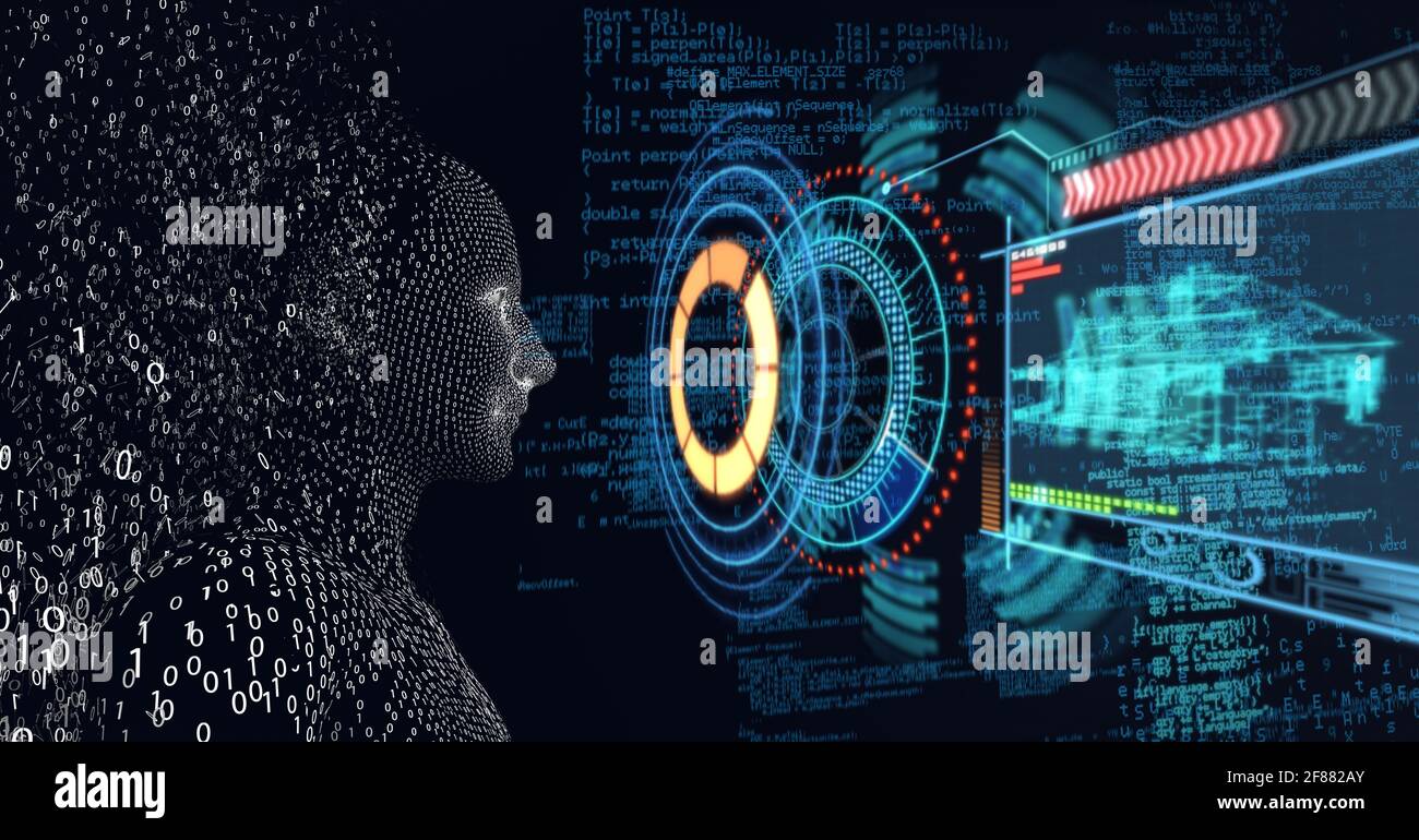 Composition of exploding human digital head with scopes scanning and ...