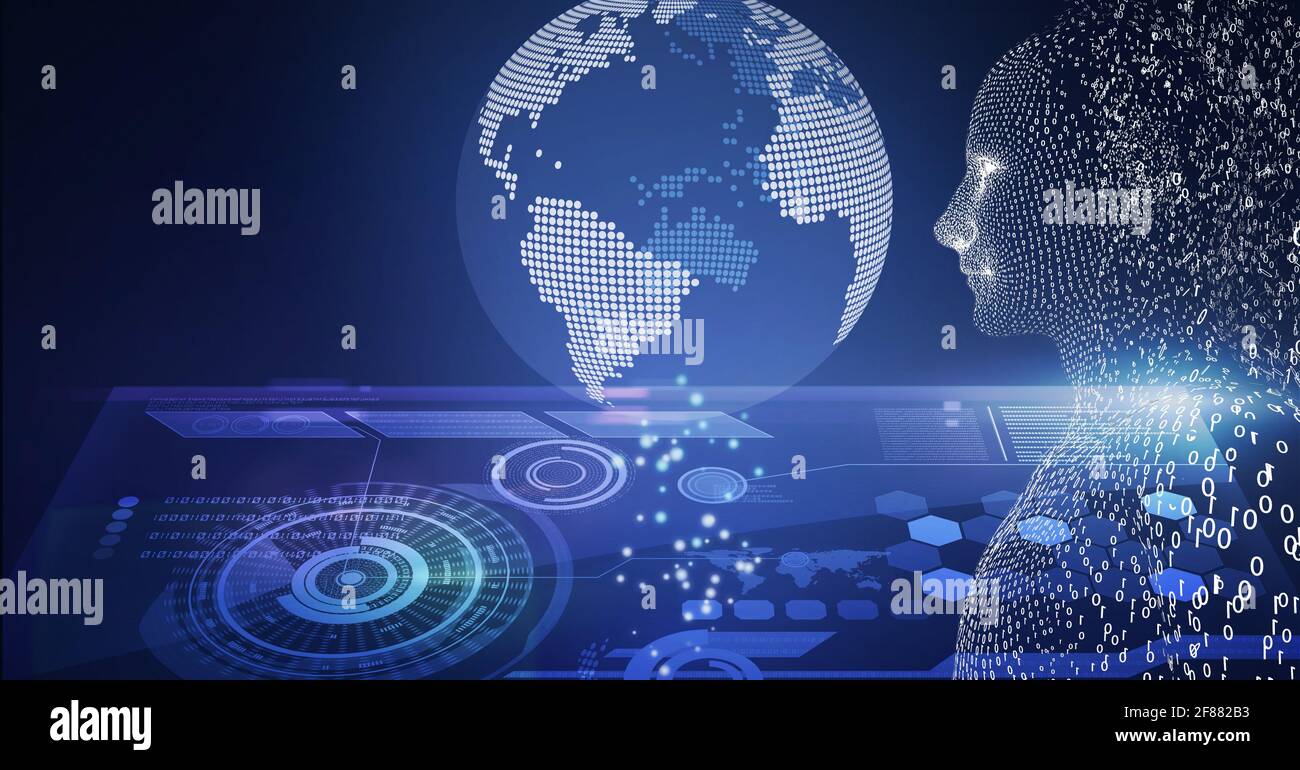 Composition Of Human Digital Bust With Binary Coding Processing And Globe Over Scopes Scanning