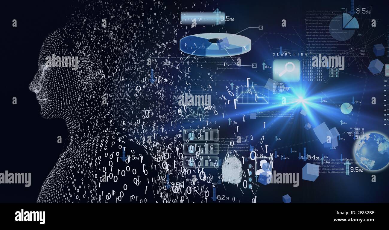 Composition Of Exploding Human Digital Bust With Binary Coding Processing And Data Processing