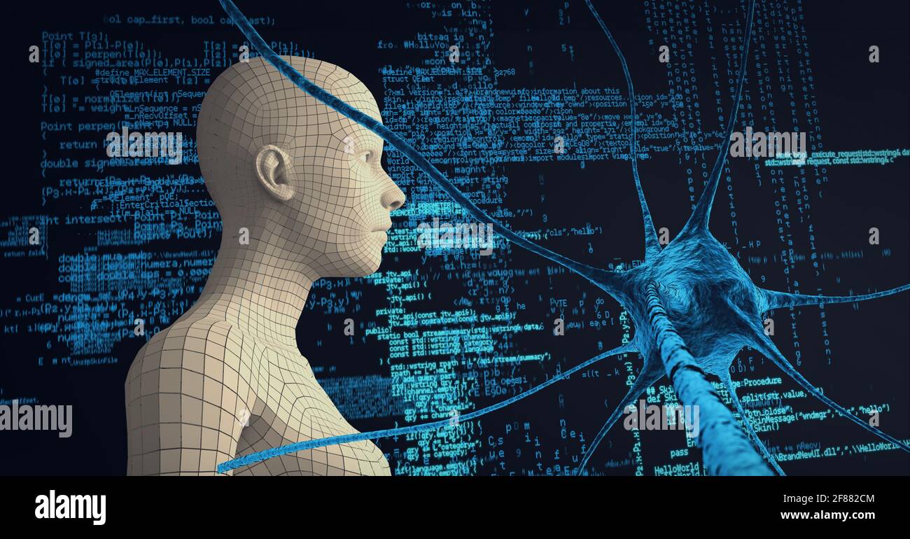 Composition of human digital head over neuron cell and data processing ...