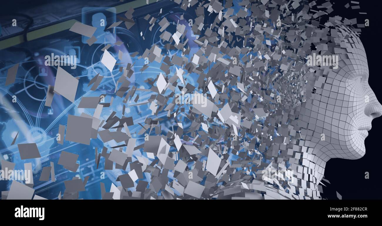 Composition of human digital head with grey squares over scopes ...