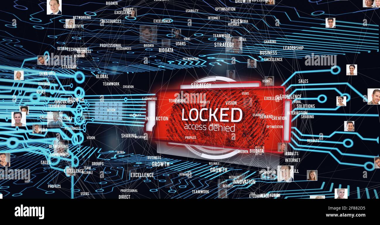 Composition of locked access denied text with people photographs over ... Composition of locked access denied text with people photographs over ...